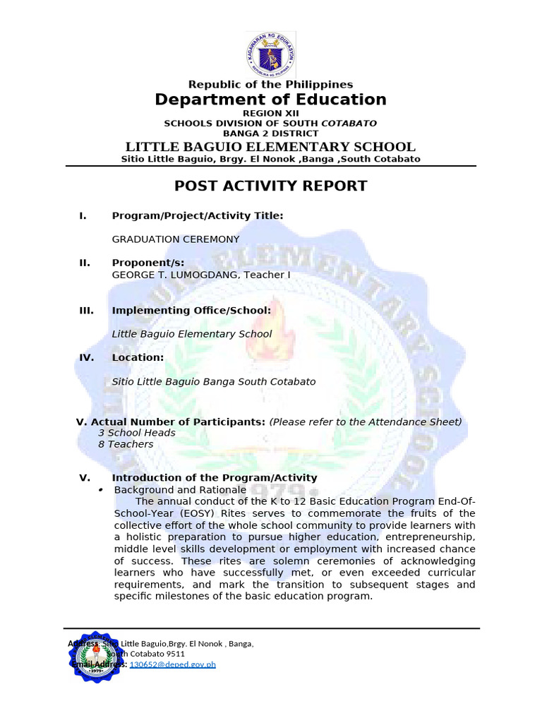 Little Baguio Elementary Graduation Report | PDF | Learning