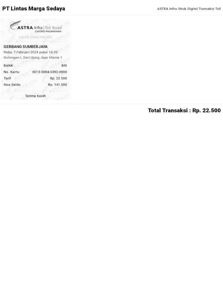 ASTRA Infra Struk Digital Transaksi Toll - 202421213136 | PDF
