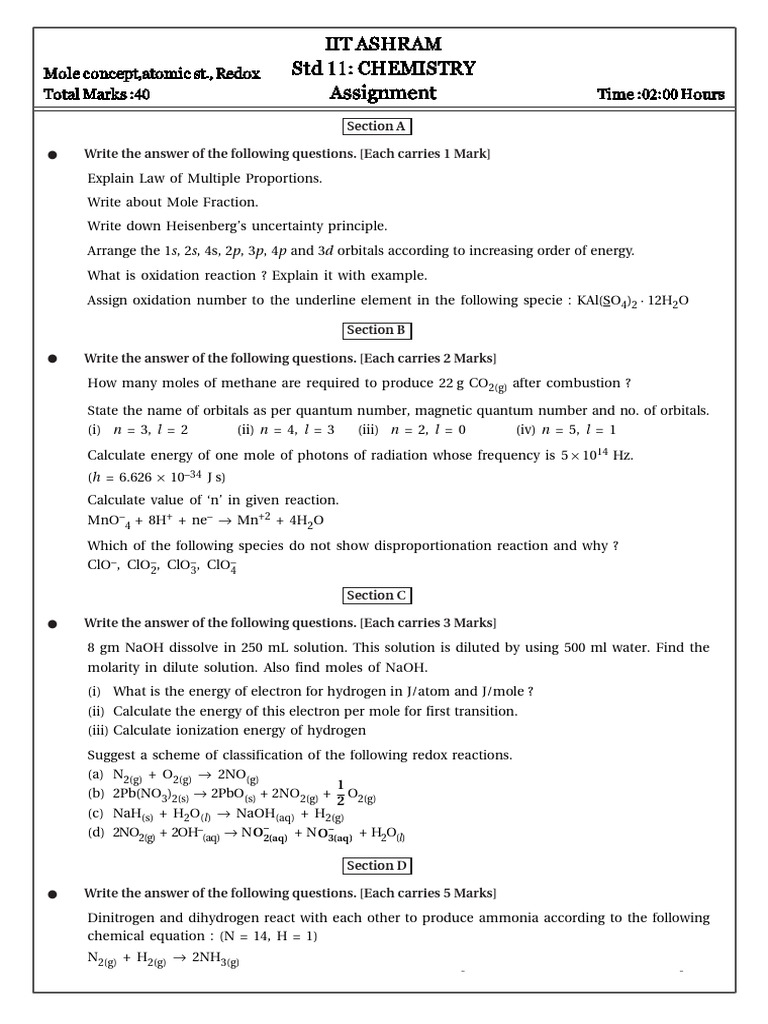 Assignment-Mole, Redox, Atomic ST | PDF | Atomic Orbital | Hydrogen