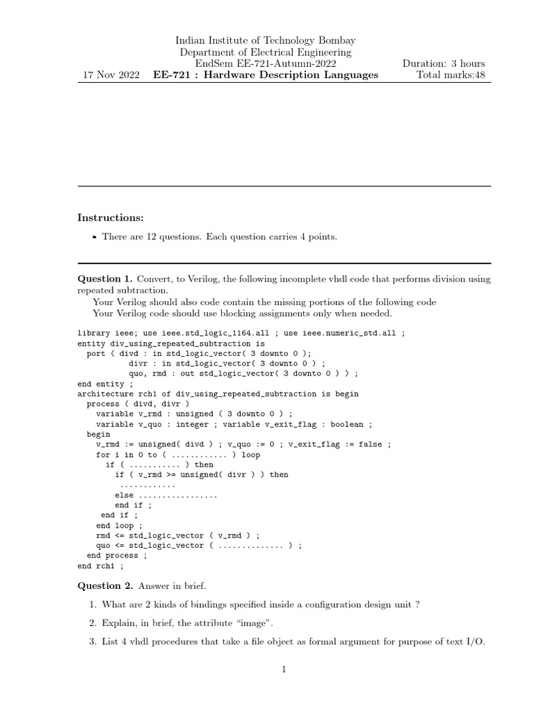 EndSemExam Aut2022 Ee721 HDLs SBP Ee Iitb 17nov22 PDF | PDF | Hardware Description Language ...