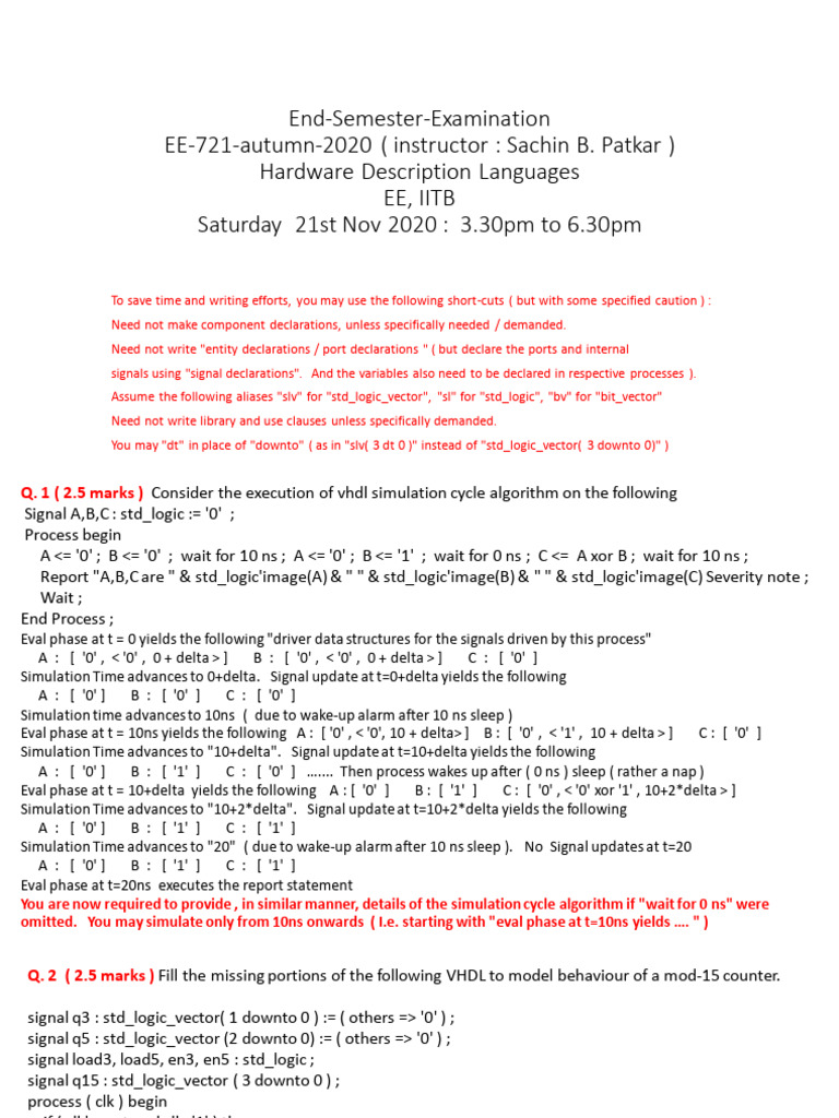 Endsem Aut20 Ee721 Draft | PDF | Vhdl | Software Development