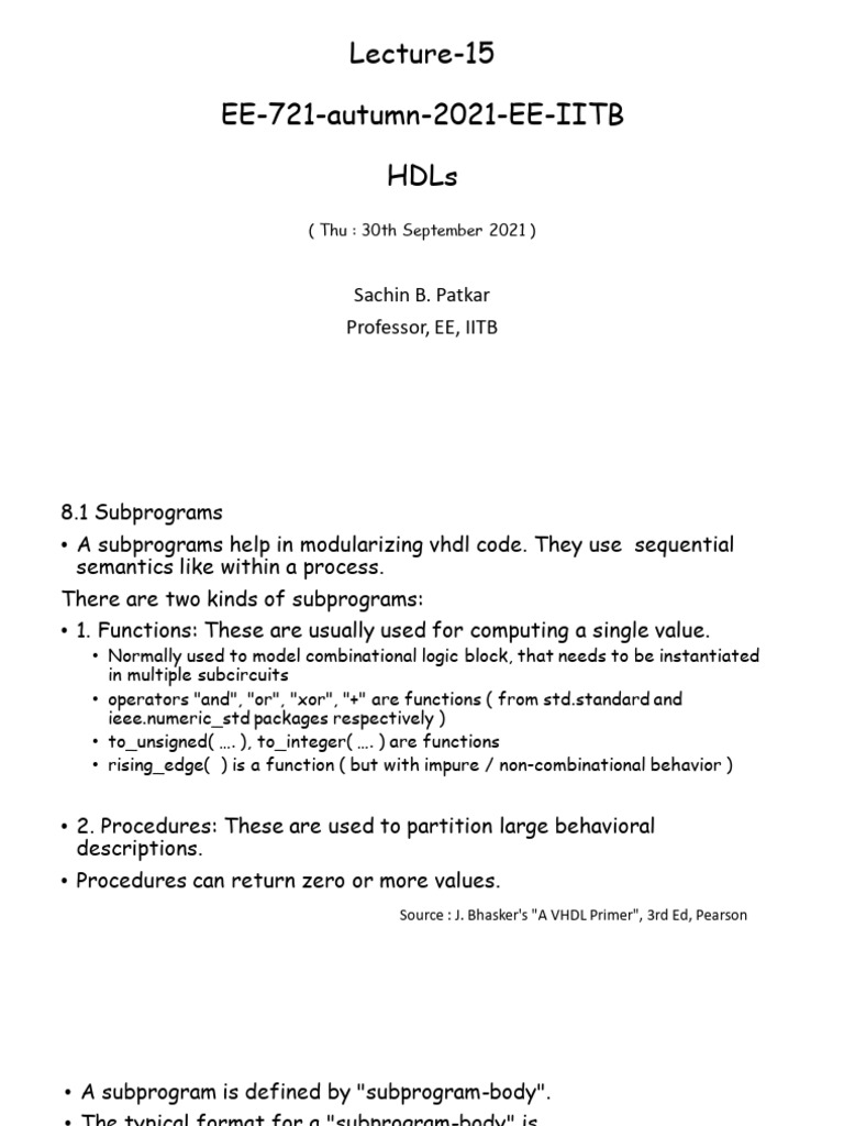 Moodle Slides Lec14 Aut22 Same As Lec15 Aut21 Ee721 | PDF | Parameter (Computer Programming) | Vhdl