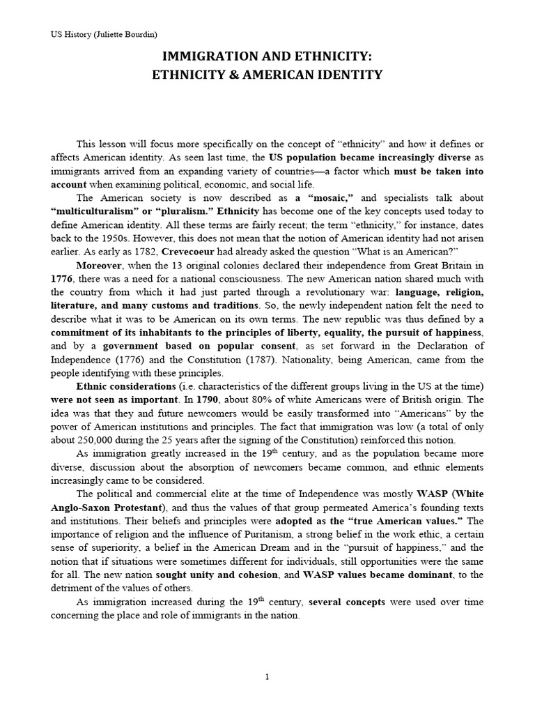 Lesson 6 - Ethnic America - Ethnicity and American Identity | PDF ...