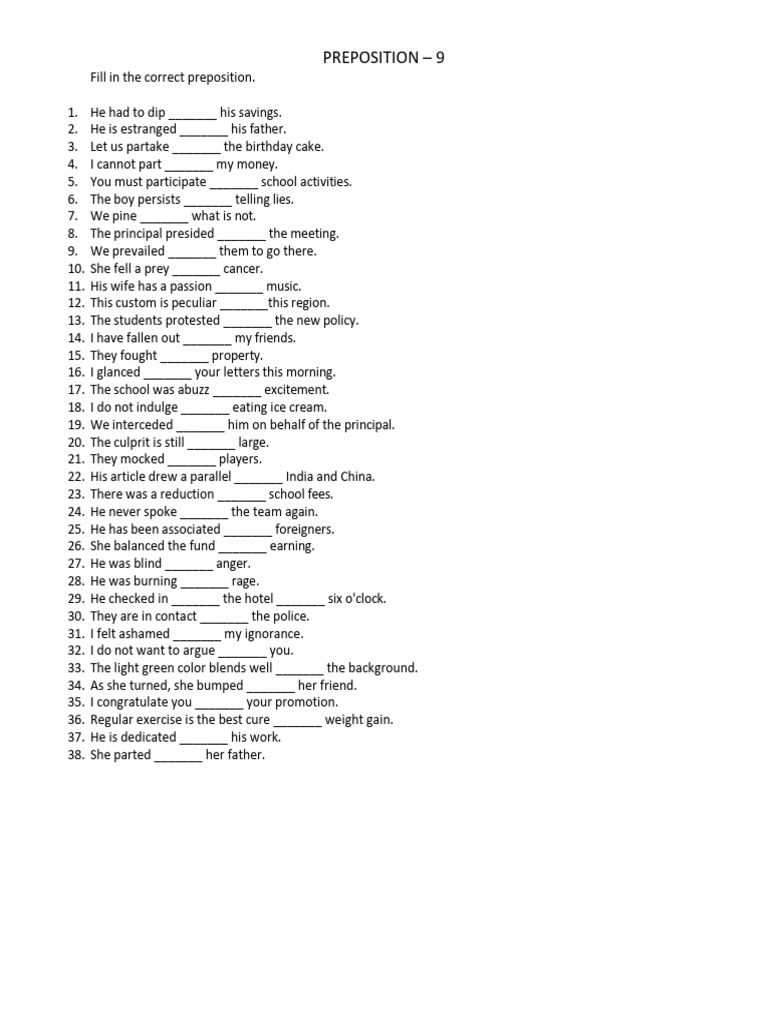 Preposition Worksheet for Class 9 | PDF