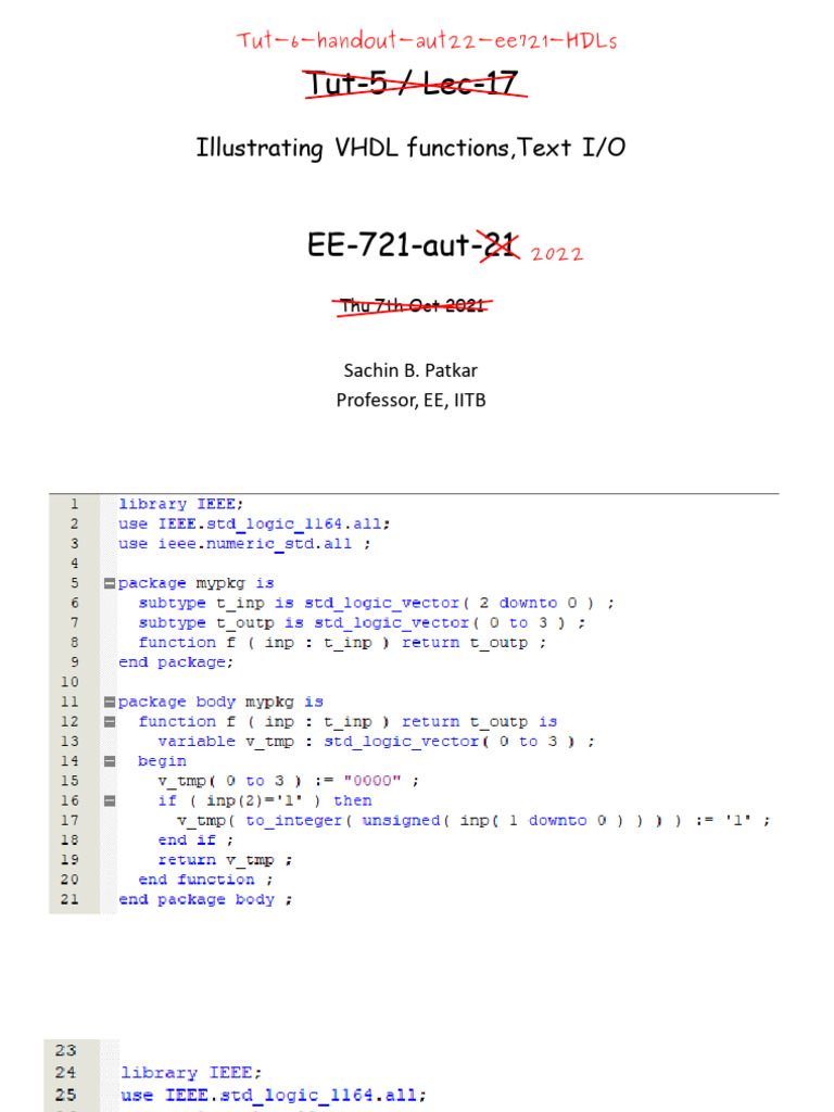 Tut 6 Handout VHDL Functions Textio Aut22 Ee721 | PDF