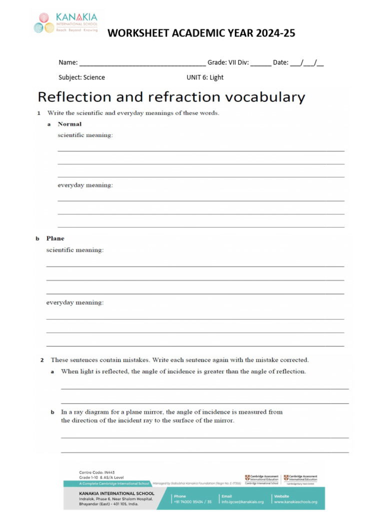 Teaching Light: Grade VII Worksheet | PDF