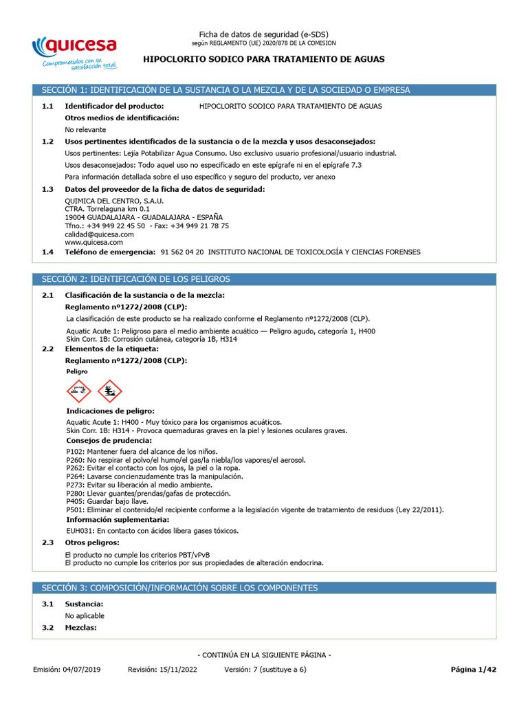 FDS Arv0332 Hipoclorito Sodico para Tratamiento de Aguas Quicesa - 20KG ...