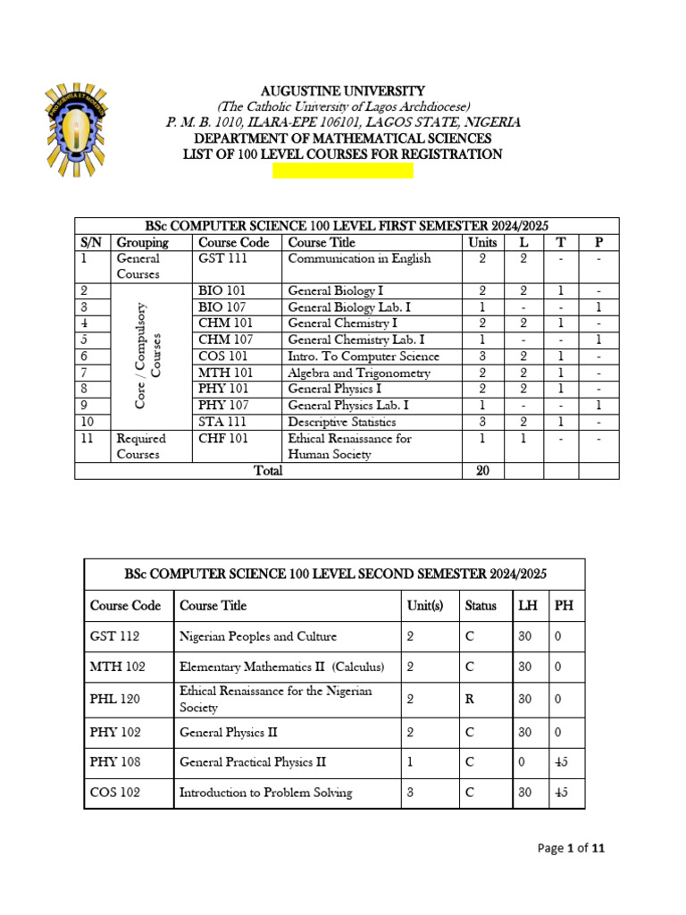 Computer Science - 100 - Level - Ccmas Prospectus - 2024 - 2025 ...