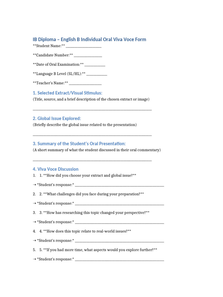 IB English B Viva Voce Form | PDF