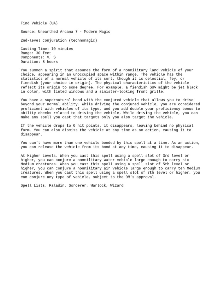 Summon Nonmilitary Vehicles Spell | PDF