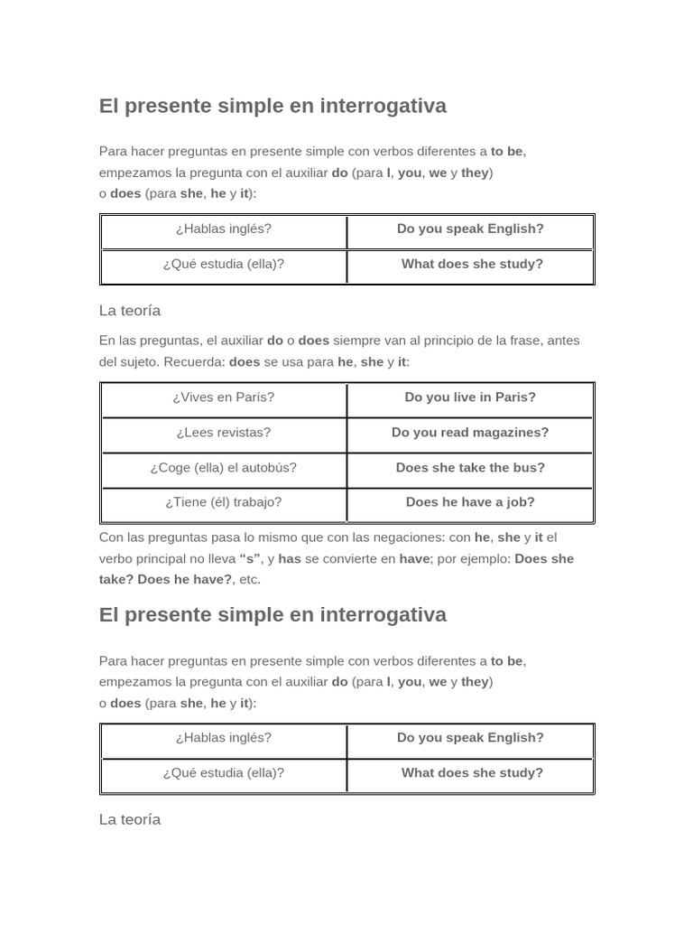 El Presente Simple en Interrogativa | PDF