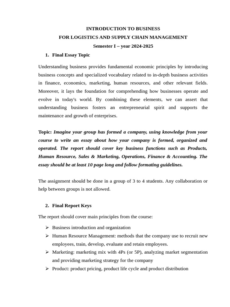 INTRODUCTION TO BUSINESS For Logistics and SCM - Final Assignment | PDF | Marketing | Supply ...