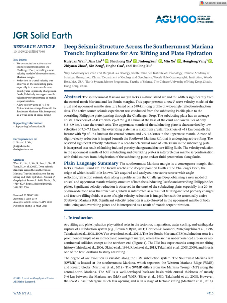 JGR Solid Earth - 2019 - Wan - Deep Seismic Structure Across the Southernmost Mariana Trench ...