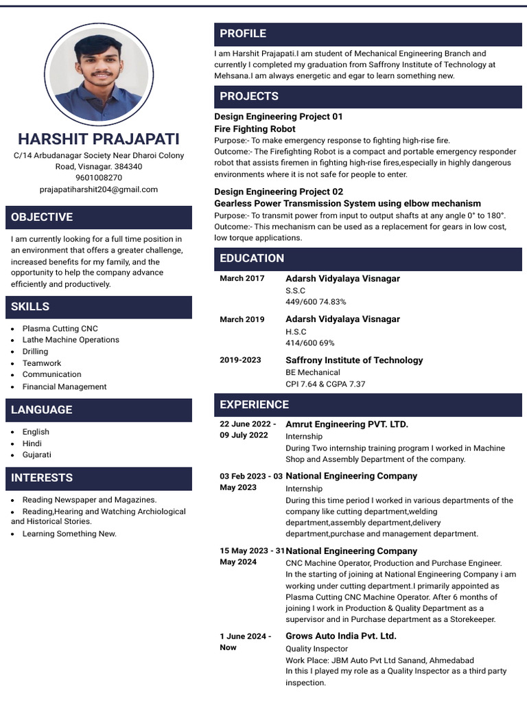 HARSHIT PRAJAPATI Resume | PDF | Engineering | Machines