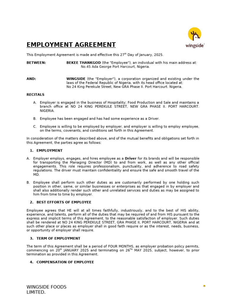 Employment Agreement Template | PDF | Employment | Expense
