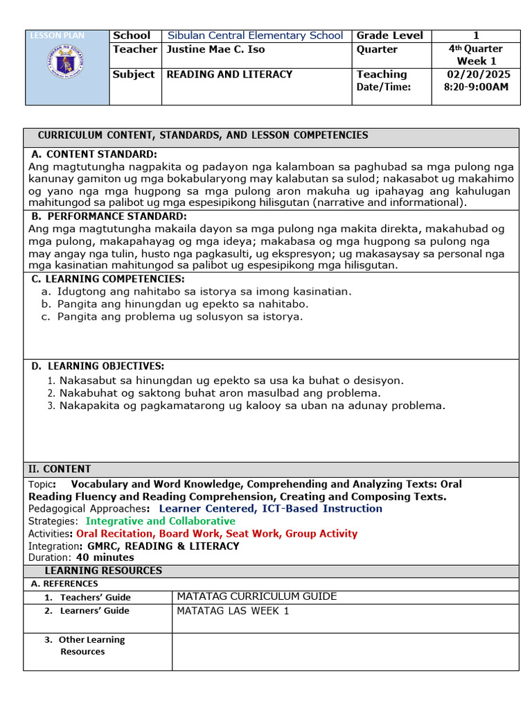 LESSON-PLAN - Reading0Lit Week1 | PDF