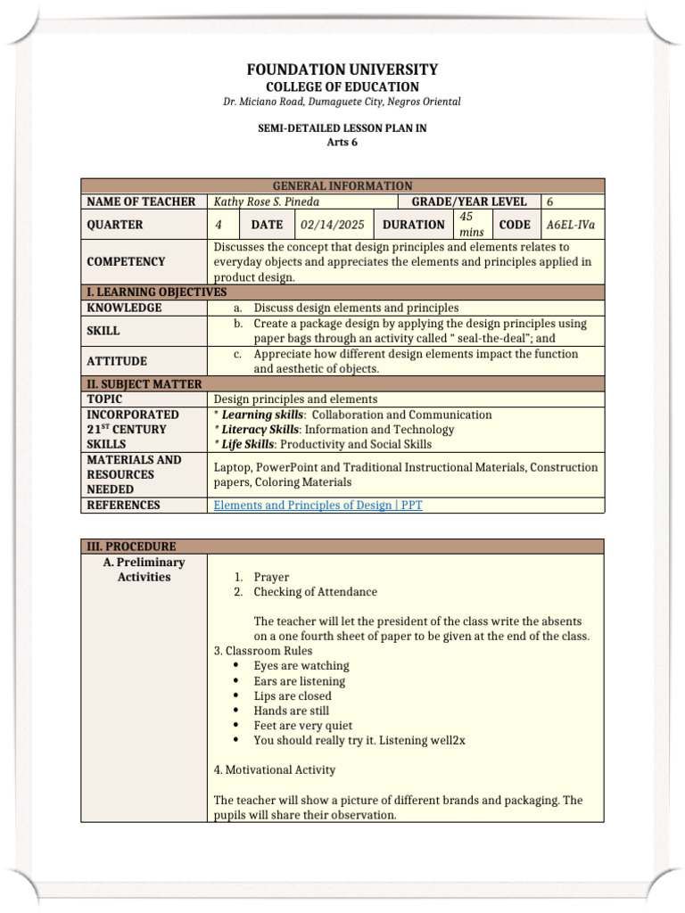 Arts 6 Lesson Plan: Design Principles | PDF | Composition (Visual Arts ...