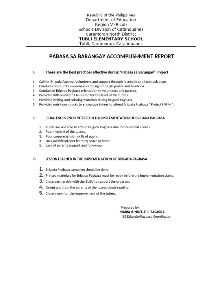 Pabasa sa Barangay Report: Best Practices | PDF