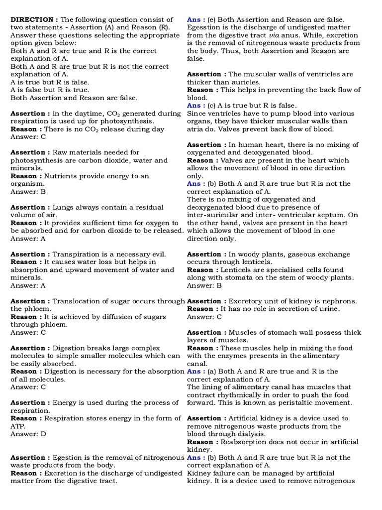 Assertion Reason Qs Life Processes.docx | PDF | Cellular Respiration | Heart