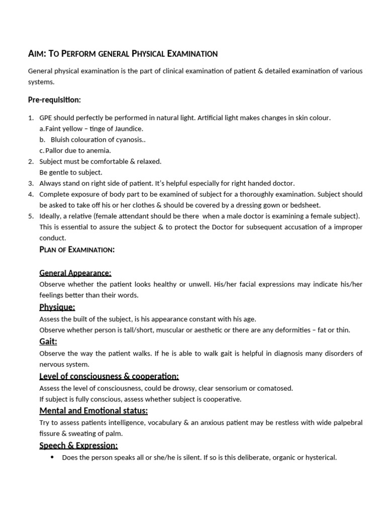 To perform general physical examination | PDF | Physiology | Medical ...