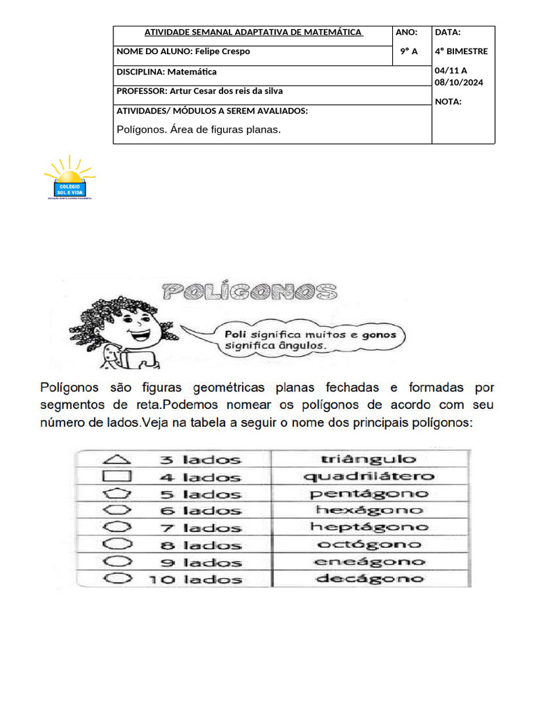 Atividade Adaptada de Matemática Felipe Crespo 9 Ano 04 A 0811 | PDF