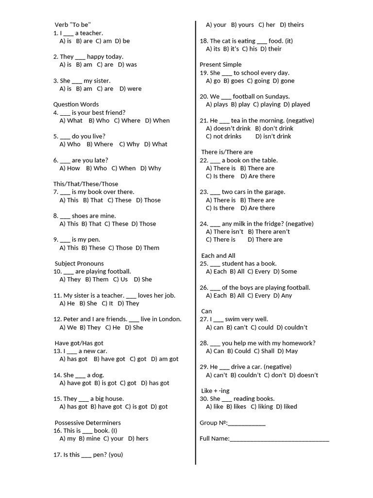 A1 Beginner Test | PDF | Language Mechanics | Linguistic Typology