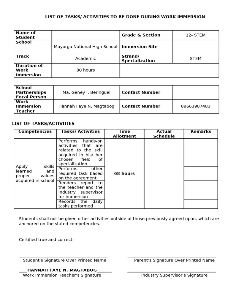 Work Immersion List of Task | PDF