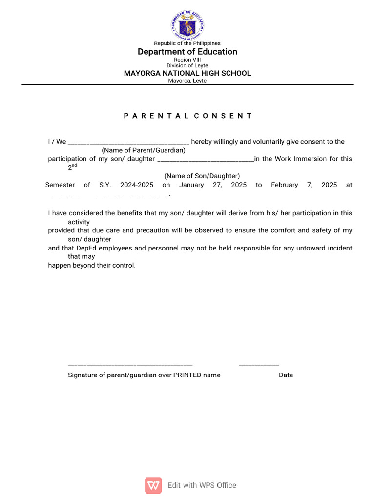 Parental Consent for Work Immersion | PDF