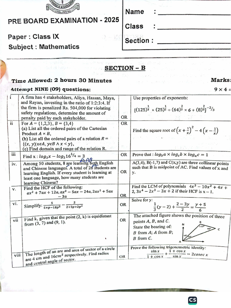 Math Pre Board | PDF
