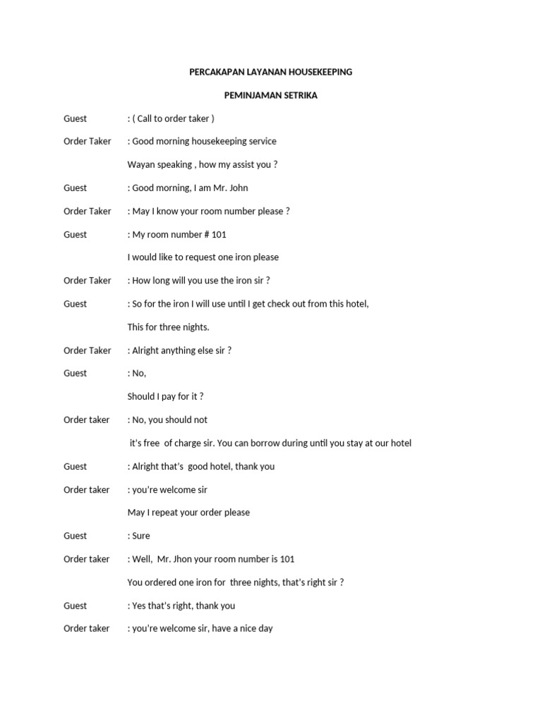 Housekeeping Service Dialogue Example | PDF
