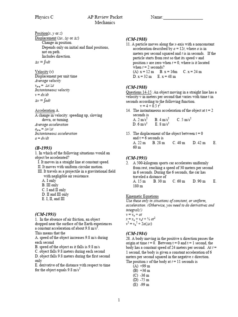 AP Physics C Mechanics Review | PDF | Force | Acceleration