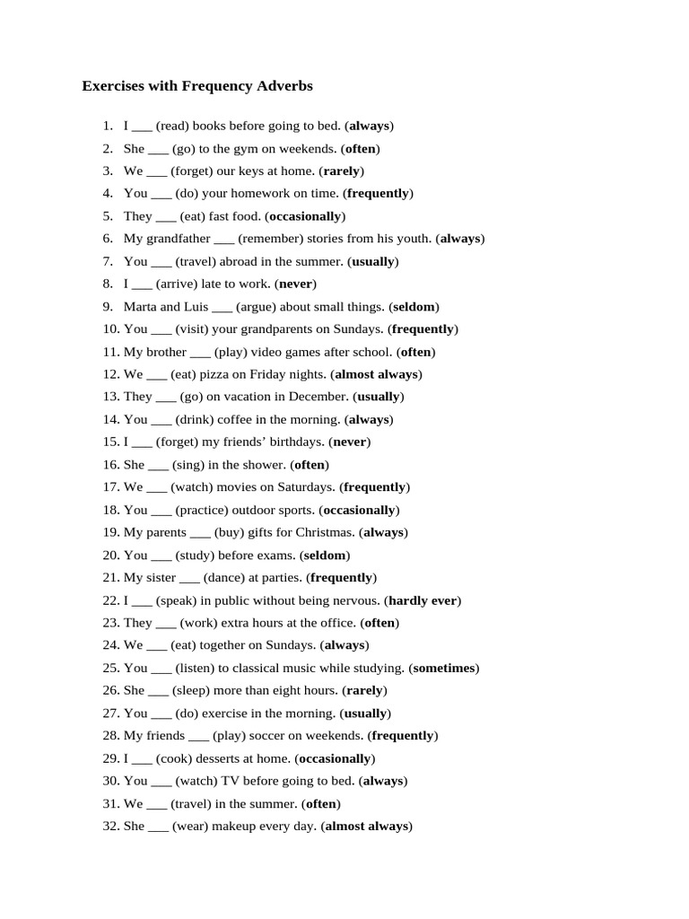 Frequency Adverb Exercises for Practice | PDF | Workweek And Weekend