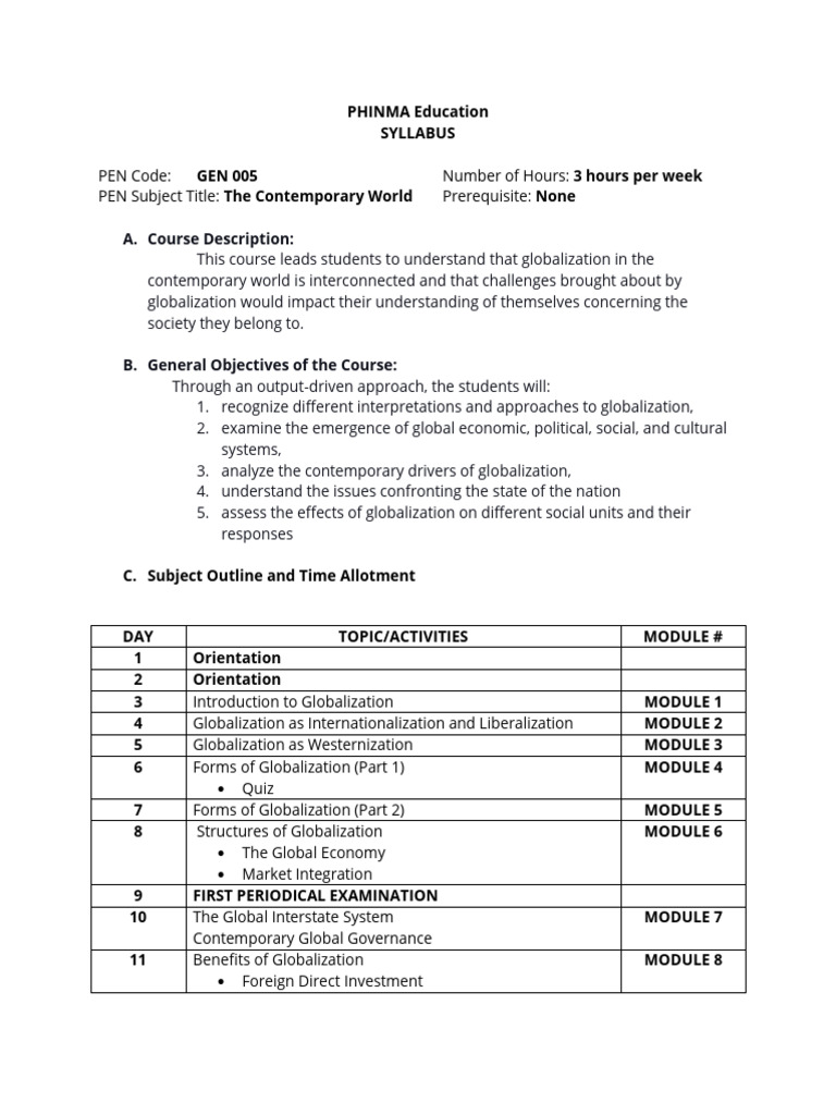 Contemporary World Syllabus GEN 005 | PDF | Globalization | Economies