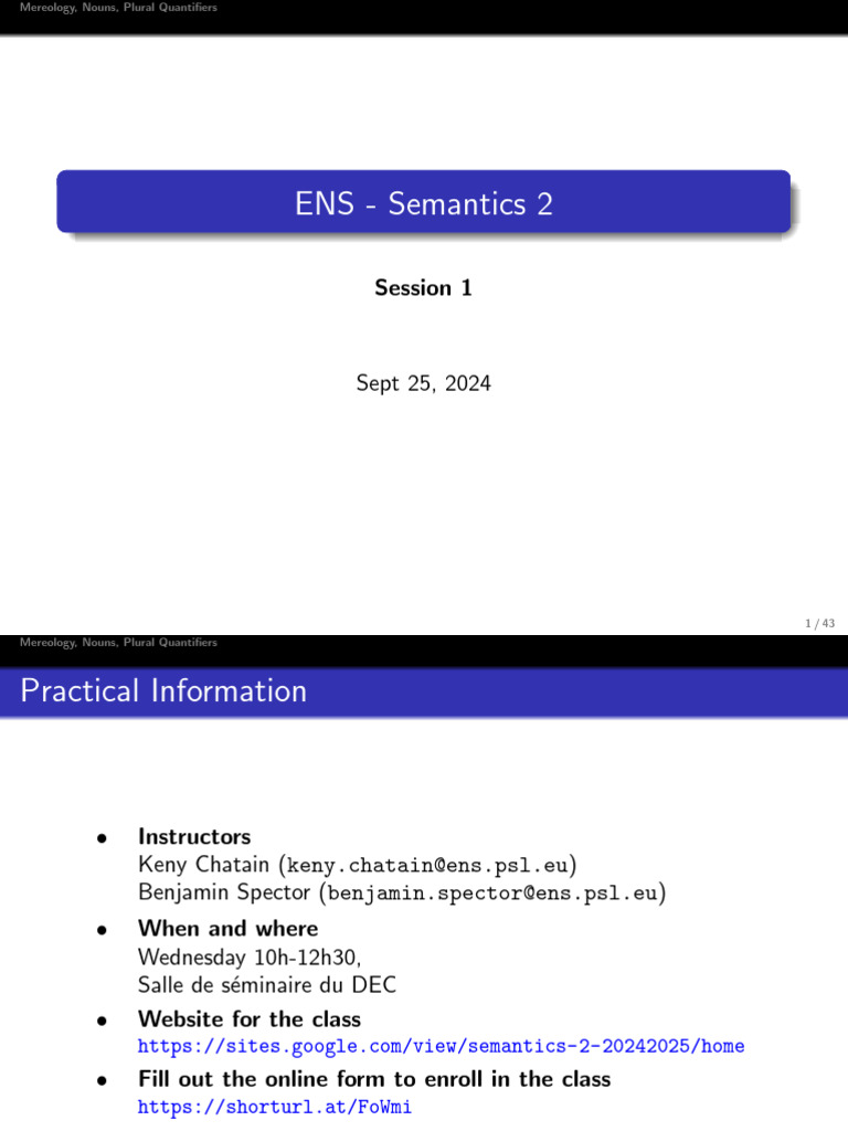 Semantics2 PluralSemantics Session1 Fall2024 Final | PDF | Plural | Predicate (Grammar)