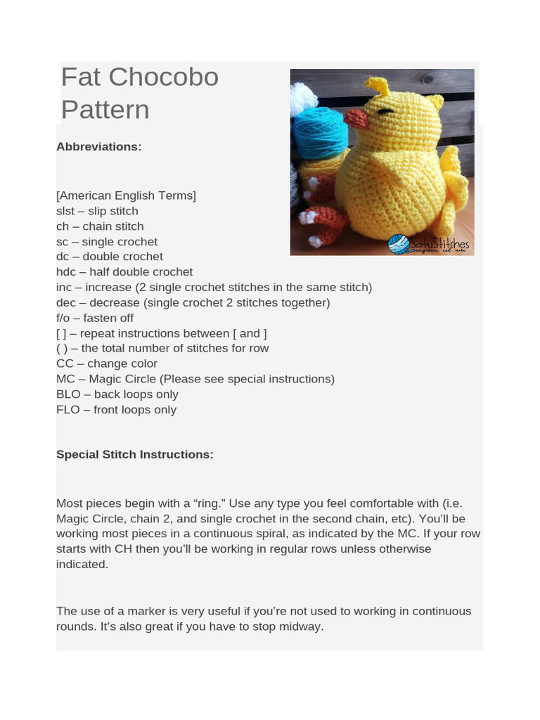 Fat Chocobo Crochet Pattern-V3 | PDF | Crochet | Crafts