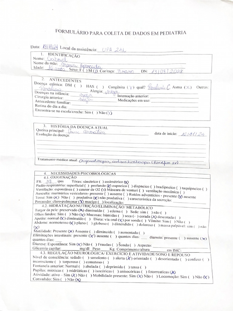 FORMULÁRIO PARA COLETA DE DADOS EM PEDIATRIA | PDF