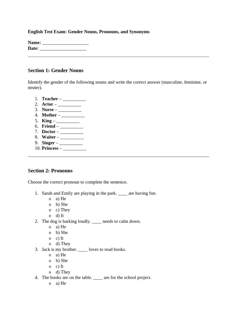 English Test Exam | PDF | Grammatical Gender | Language Mechanics