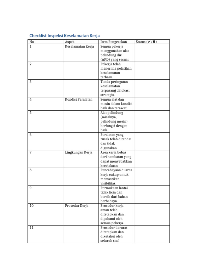 Checklist Keselamatan Kerja | PDF