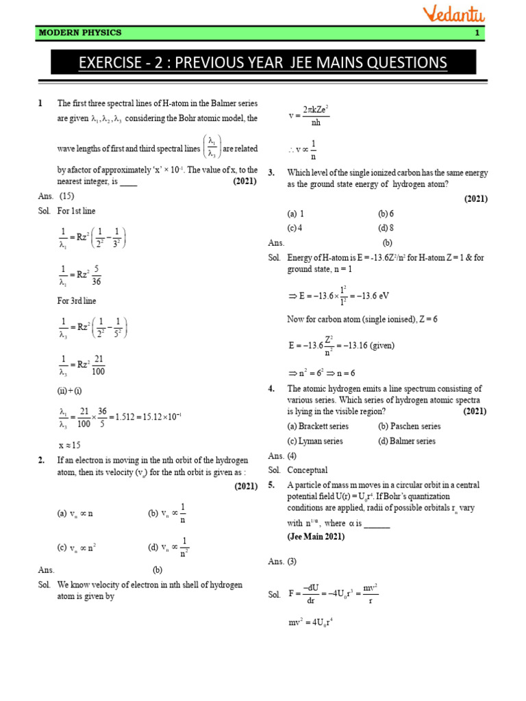 Exercise - 2: Previous Year Jee Mains Questions: Modern Physics 1 | PDF | Electronvolt | Electron
