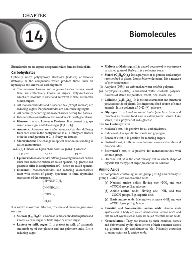 Biomolecules Short Notes | PDF | Carbohydrates | Glucose