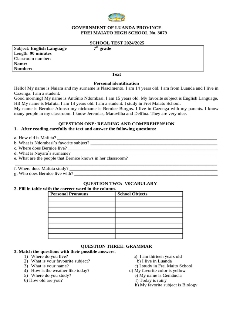 7th Grade English Test 2024/2025 | PDF | Linguistics | Human Communication