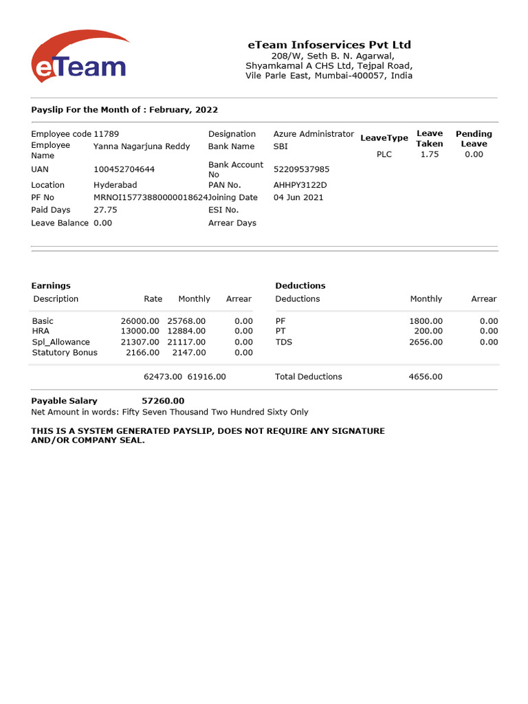 Feb salary slip | PDF | Employment Compensation | Expense