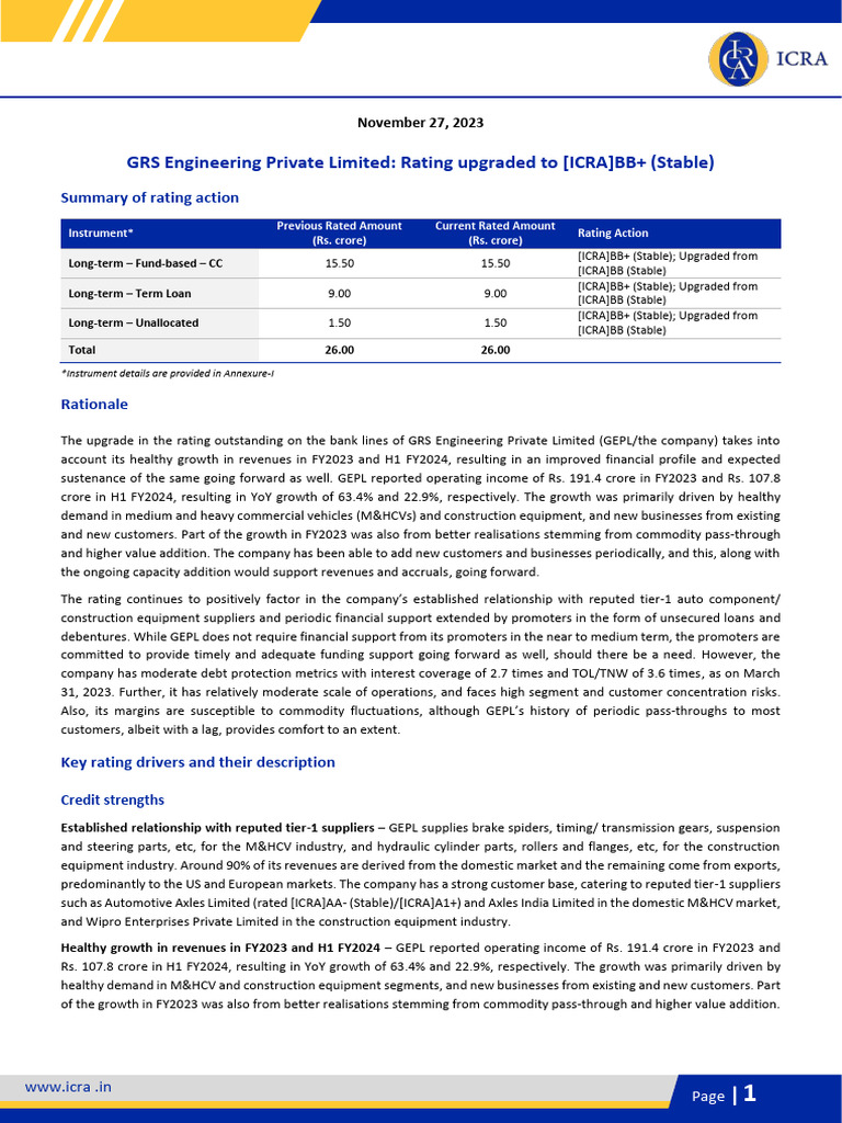 GRS Engineering Rating Upgrade to BB+ | PDF | Loans | Debt
