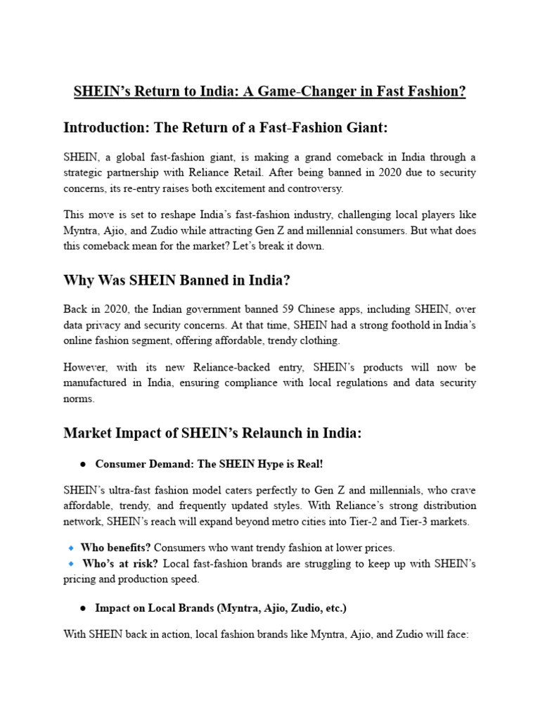 SHEIN's Strategic Comeback in India | PDF | Fashion | Brand