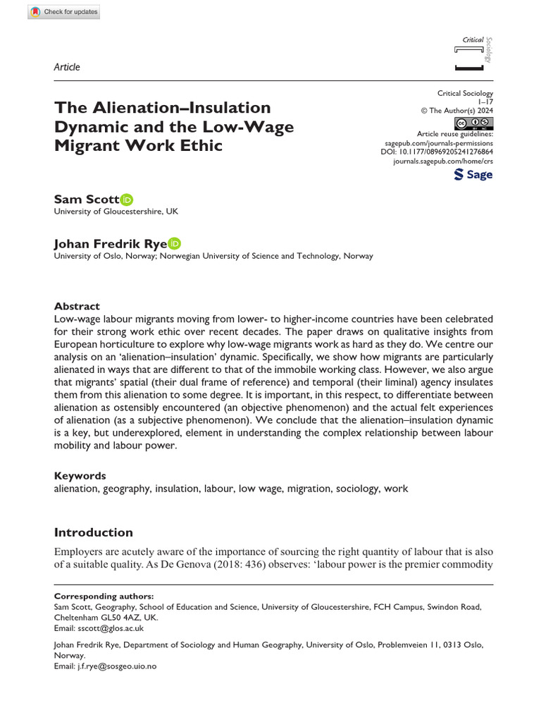 Scott Rye 2024 the Alienation Insulation Dynamic and the Low Wage Migrant Work Ethic | PDF ...