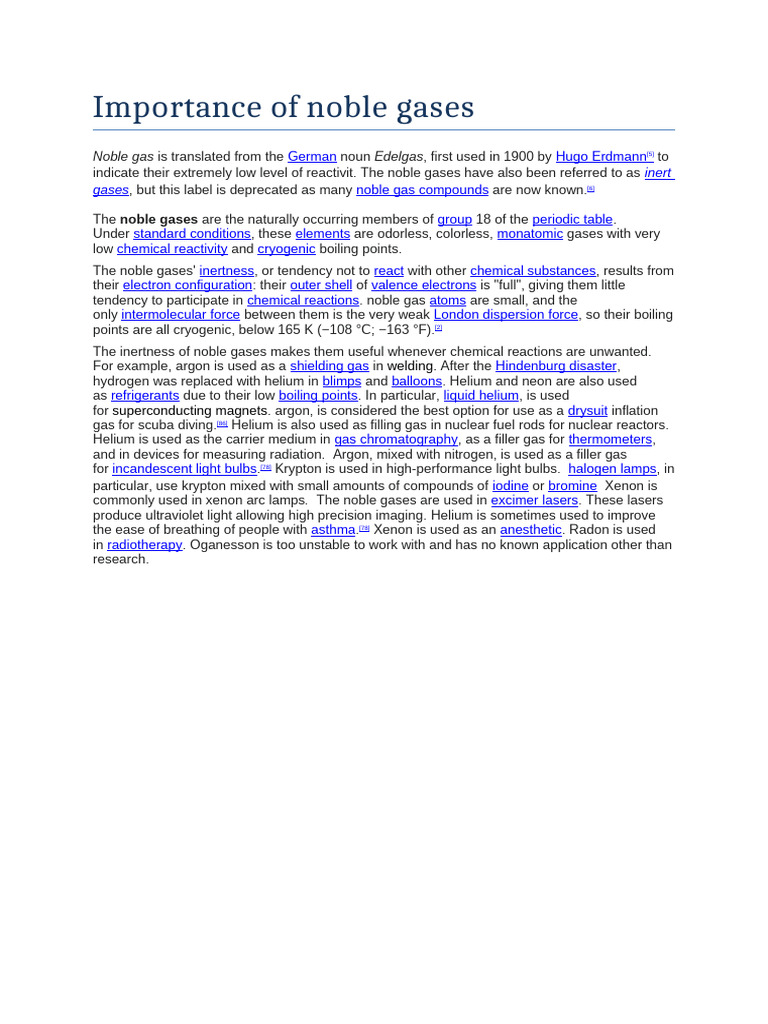 Noble Gases: Uses and Properties | PDF