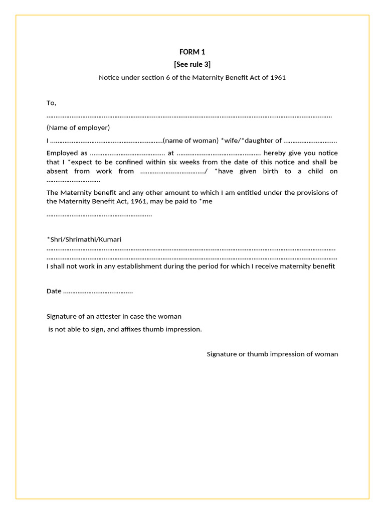 Maternity Benefit Notice Form 1 | PDF