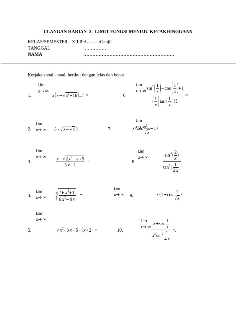 ULANGAN HARIAN 2. Limit Ketakhinggaan | PDF