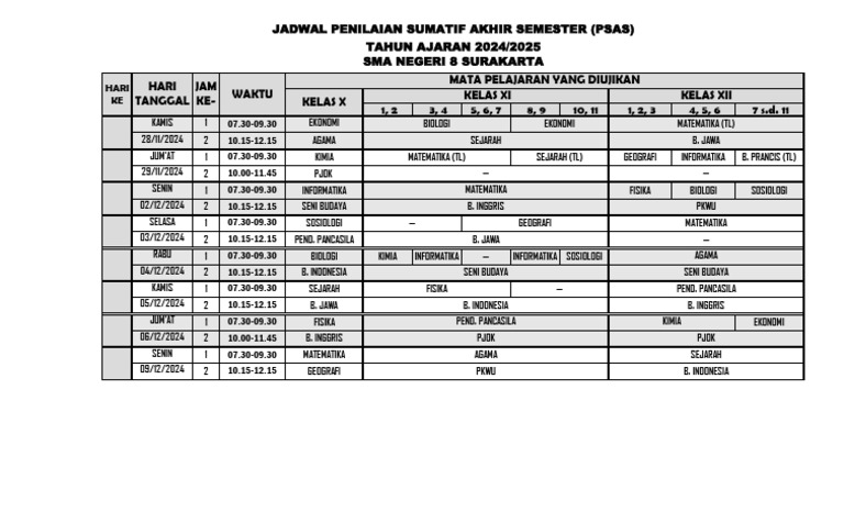 JADWAL PSAS T.A. 2024-2025 | PDF