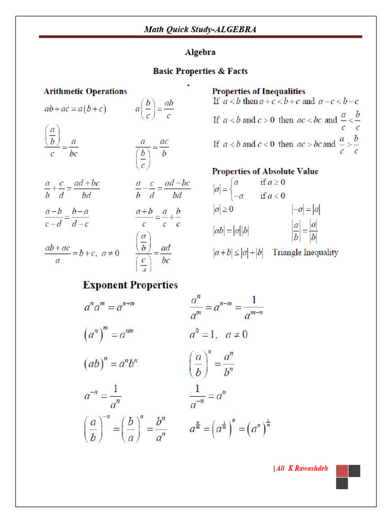 Algebra Basic Properties Amp Facts Math Quick Study Algebra | PDF